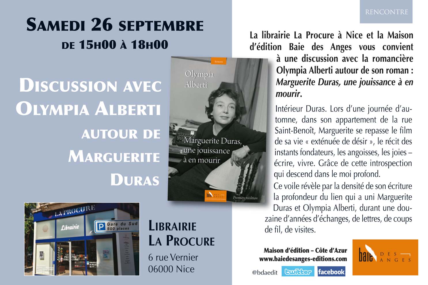 Samedi 26 septembre Librairie La Procure – Baie des Anges éditions