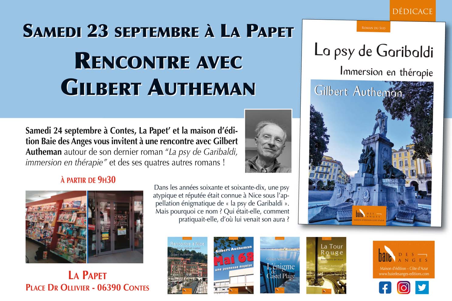 Samedi 23 septembre à La Papet – Contes – Baie des Anges éditions